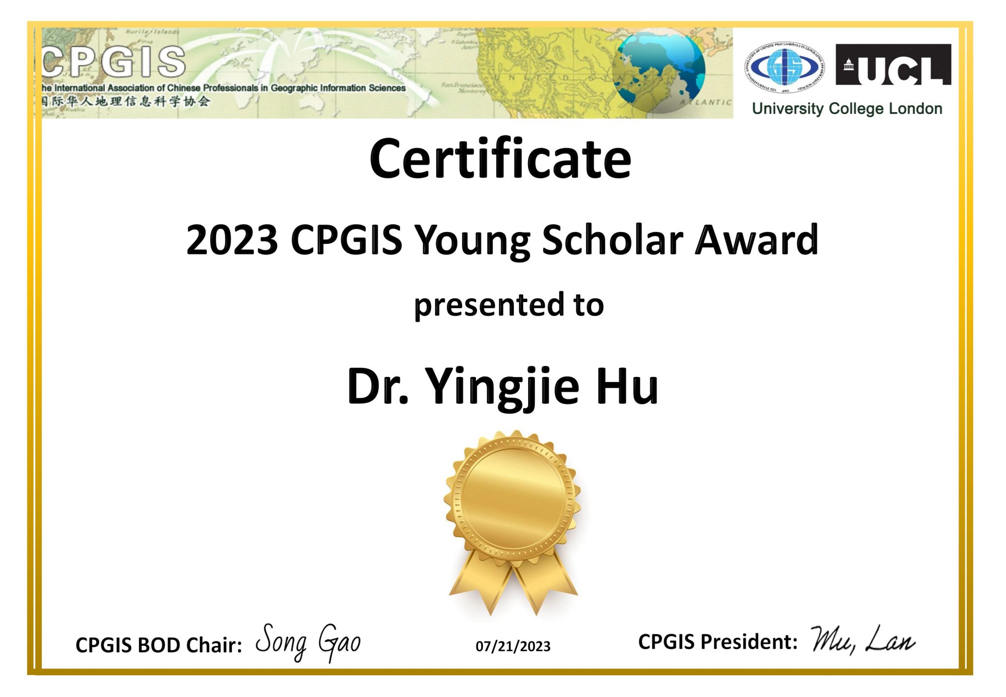 Dr. Hu receives CPGIS Young Scholar Award – GeoAI@UB